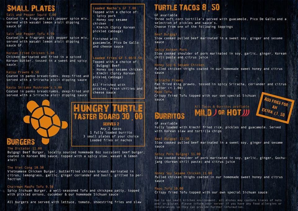 Menu at Hungry Turtle restaurant, Holmfirth