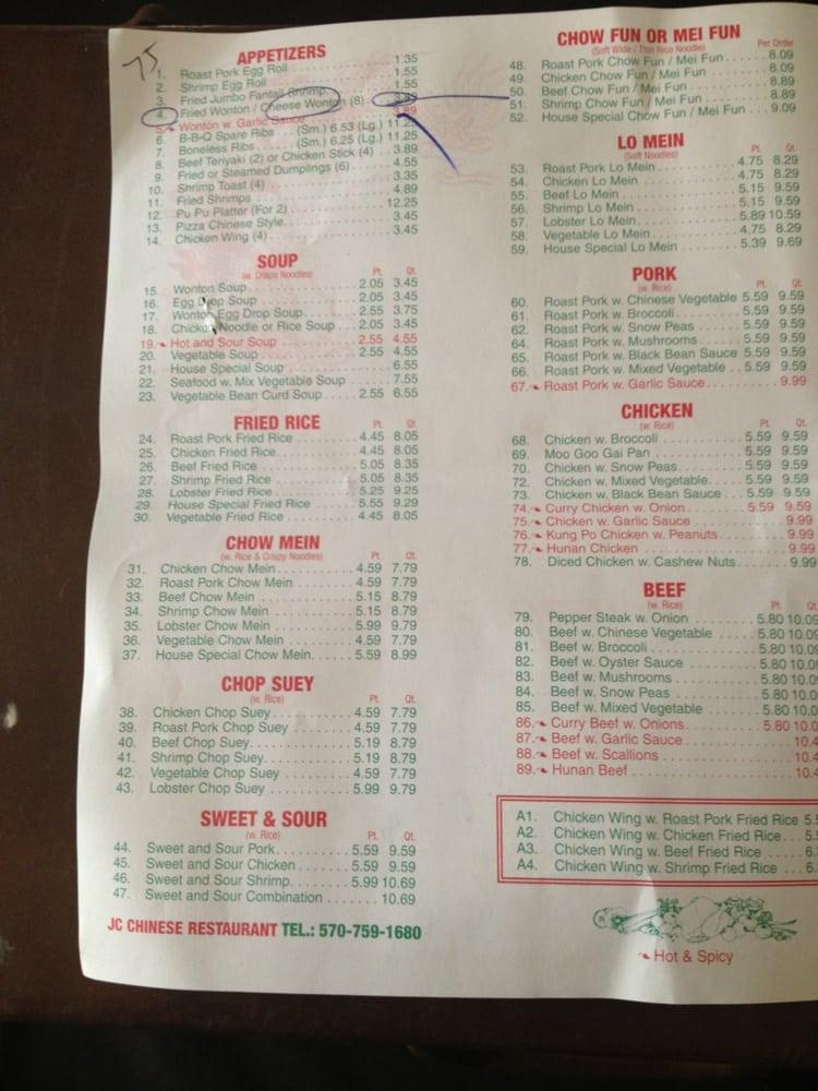 Menu at J C restaurant, Berwick
