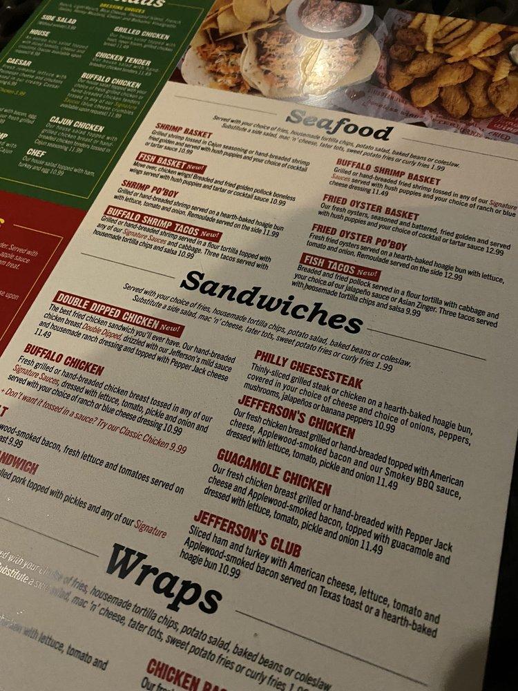 Menu at Jefferson's restaurant, Rainbow City