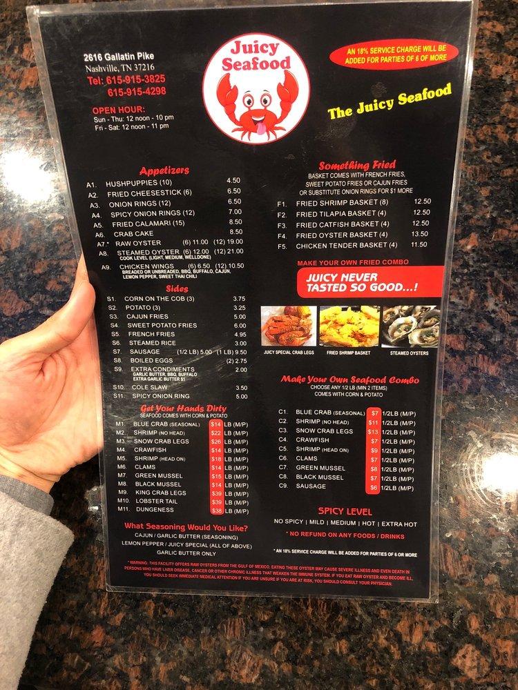 Menu at Juicy Seafood restaurant, Nashville, Gallatin Pike