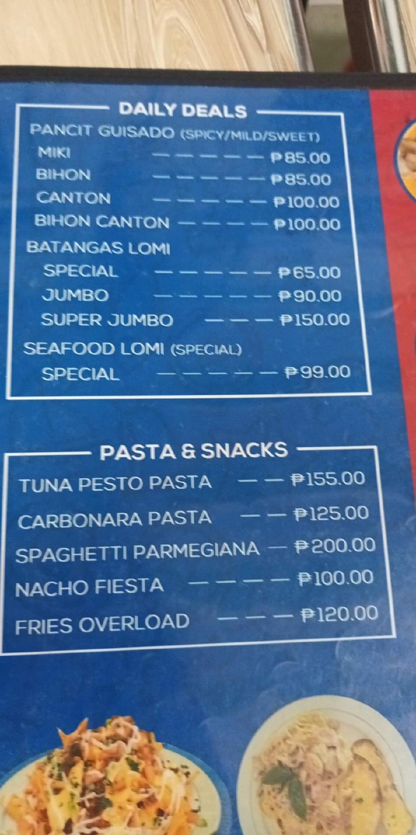 Carta de Lazarus Ship Hauz Restaurant, Padre Garcia