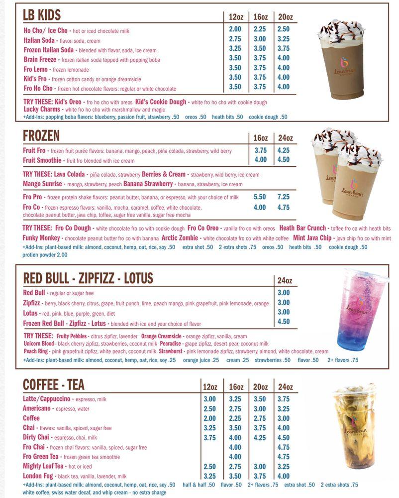 Menu at Lean Bean, Coeur d'Alene, Sherman Ave