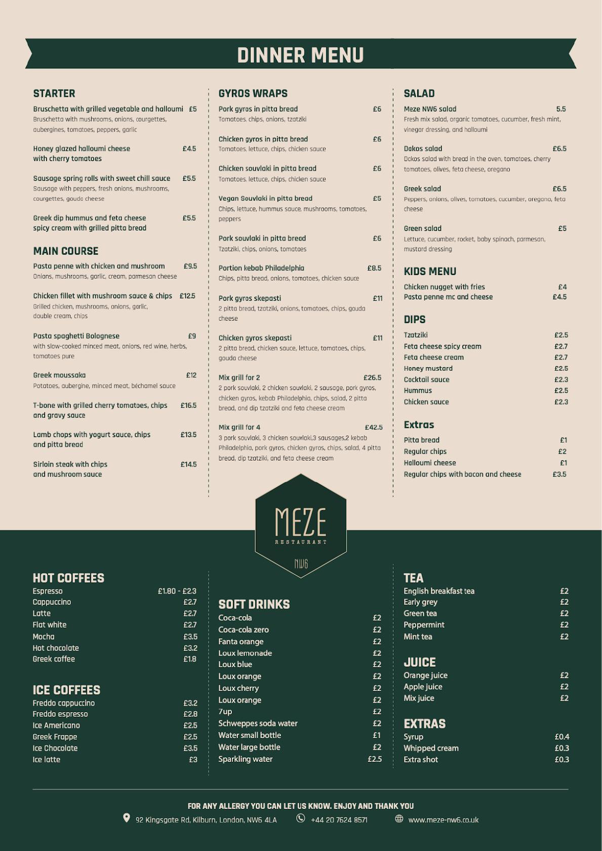 Menu at Meze Restaurant NW6, London, 92 Kingsgate Rd