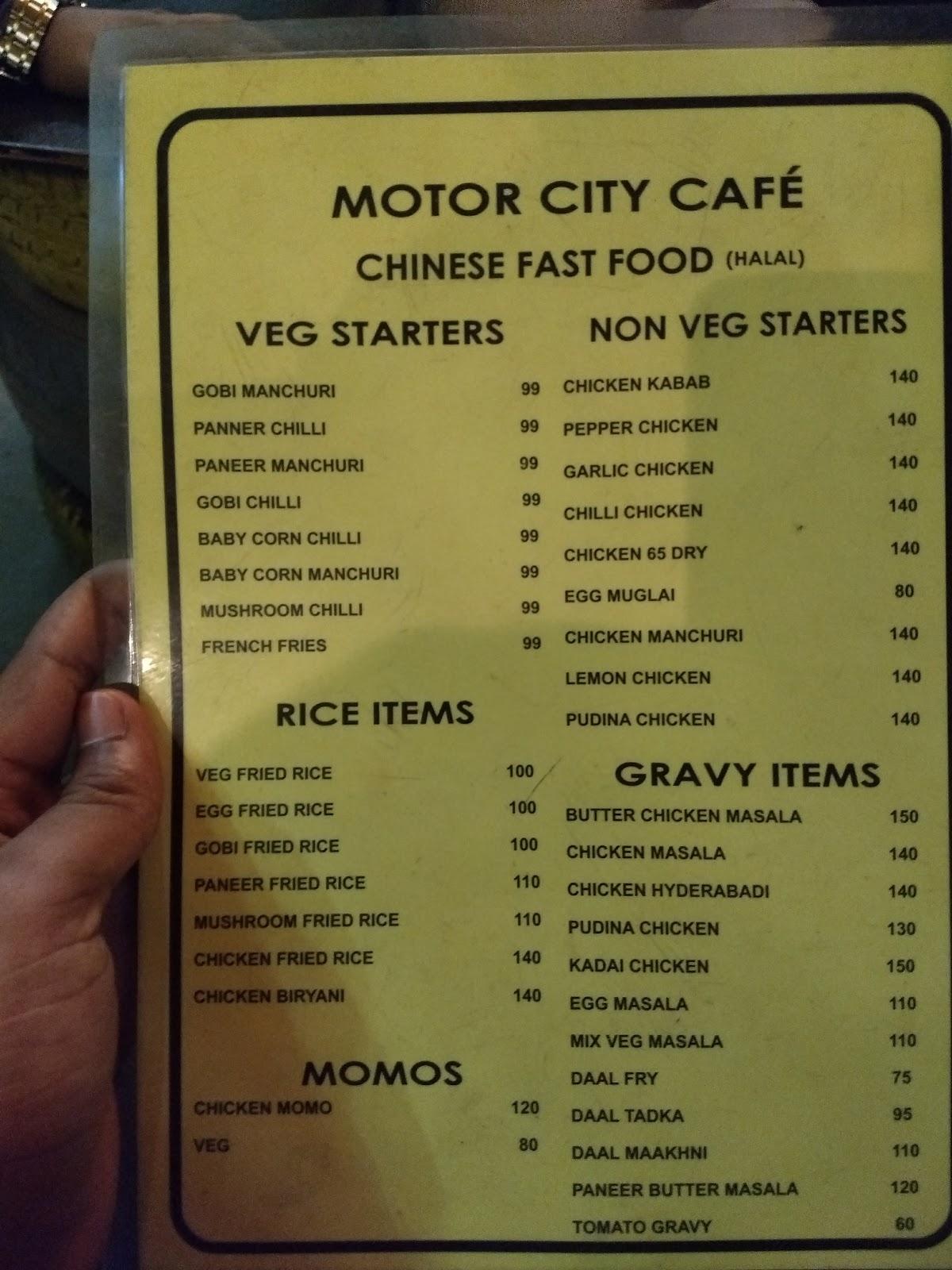 Menu at Motor City Cafe Nandi Hills, India