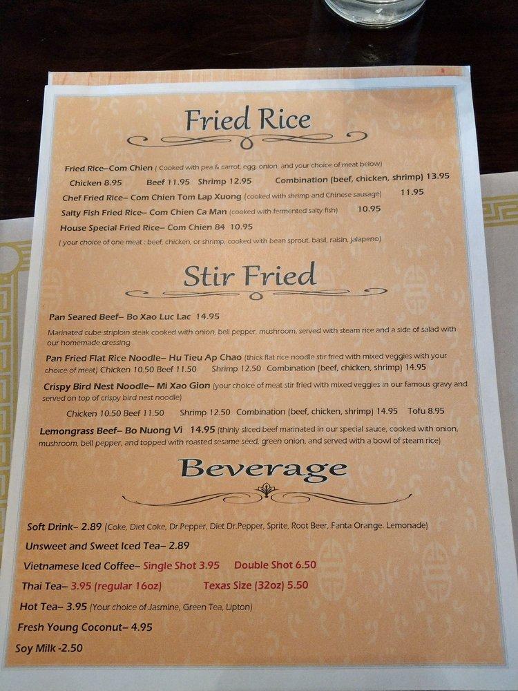 Menu at Pho 84 restaurant, Amarillo