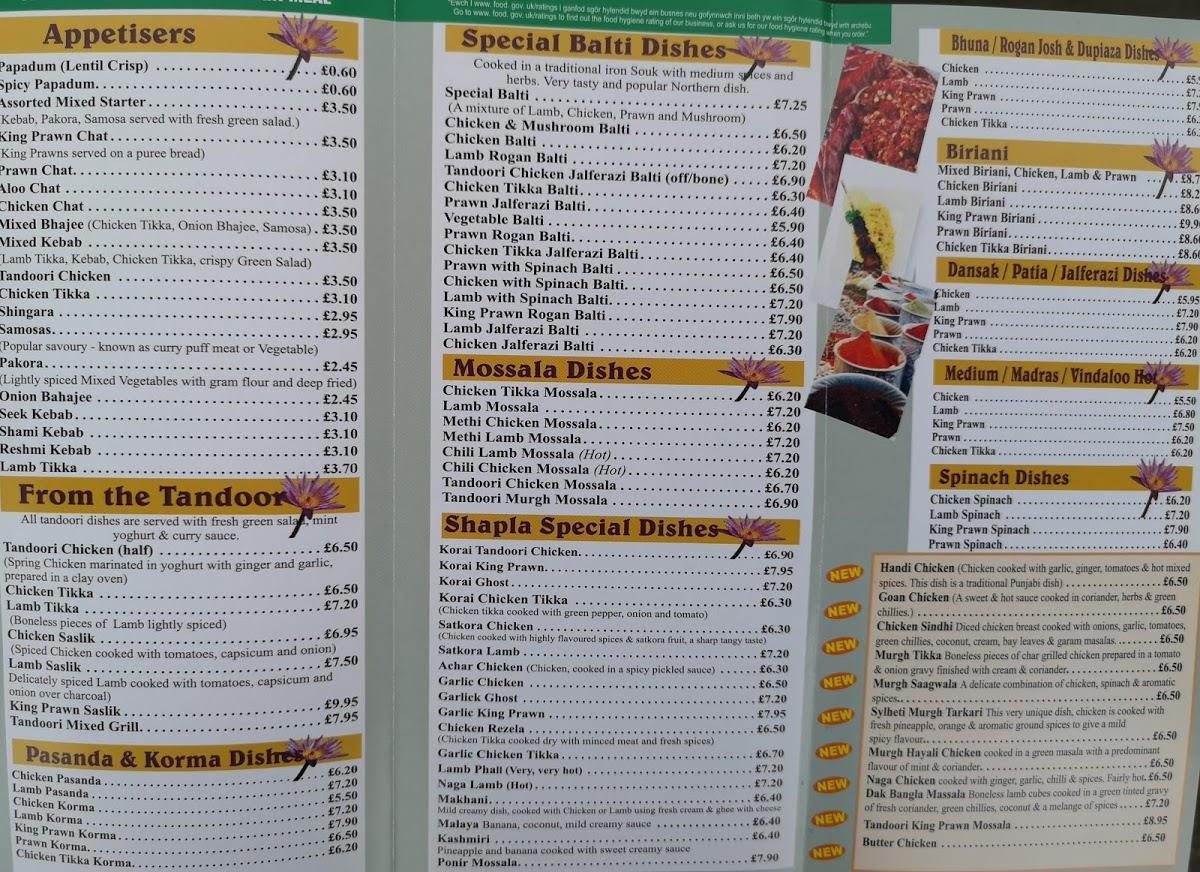 Menu at Shapla Indian Takeaway restaurant, Llandudno