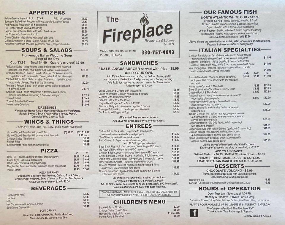 Menu at The Fireplace restaurant, Poland
