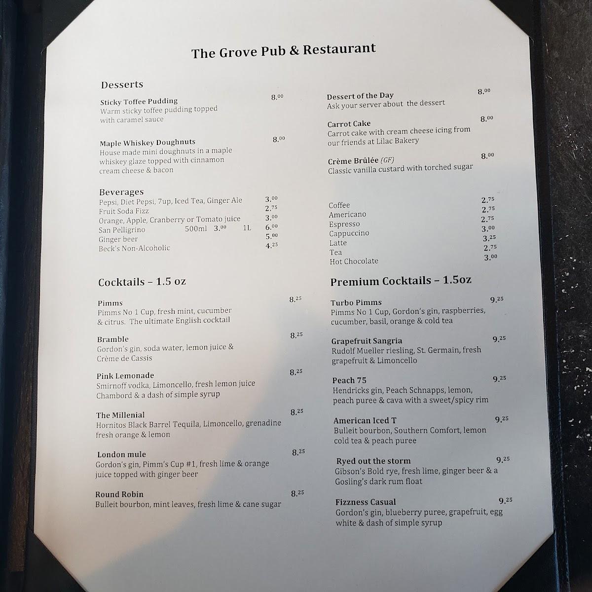 Menu at The Grove Pub & Restaurant, Winnipeg