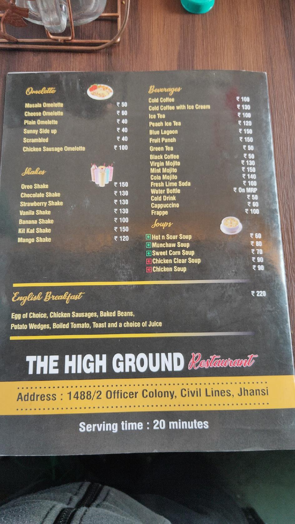 Menu at The High Ground, Jhansi