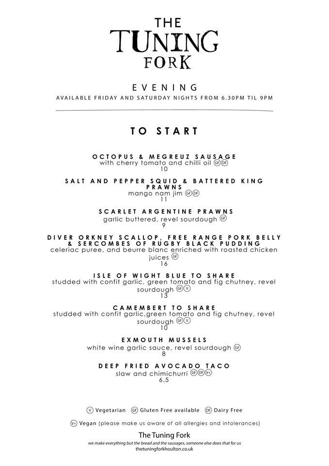 Menu at The Tuning Fork restaurant, Rugby