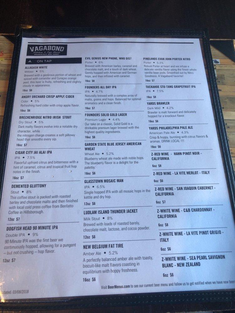 Menu at Vagabond Kitchen & Tap House pub & bar, Atlantic City