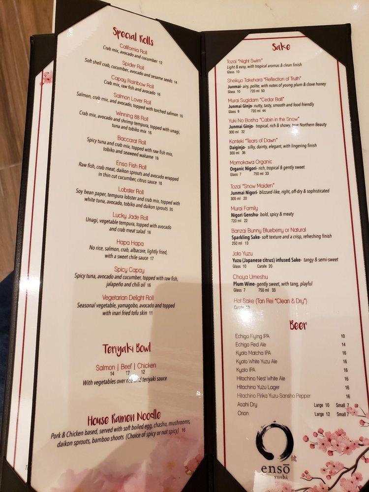 Menu at Enso Sushi restaurant, Brooks