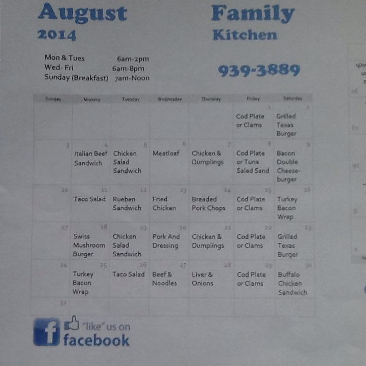 Menu at Family Kitchen restaurant, Waterloo