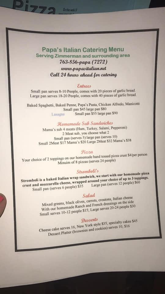 Menu at Papa's Italian restaurant, Zimmerman