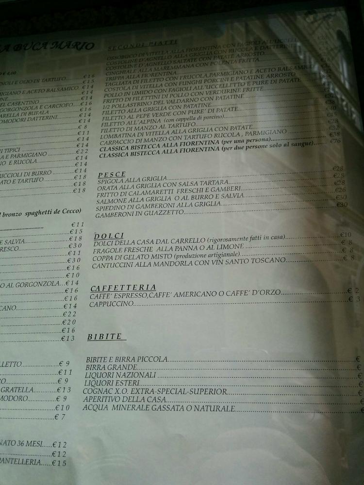 Menu au Ristorante Buca Mario, Florence