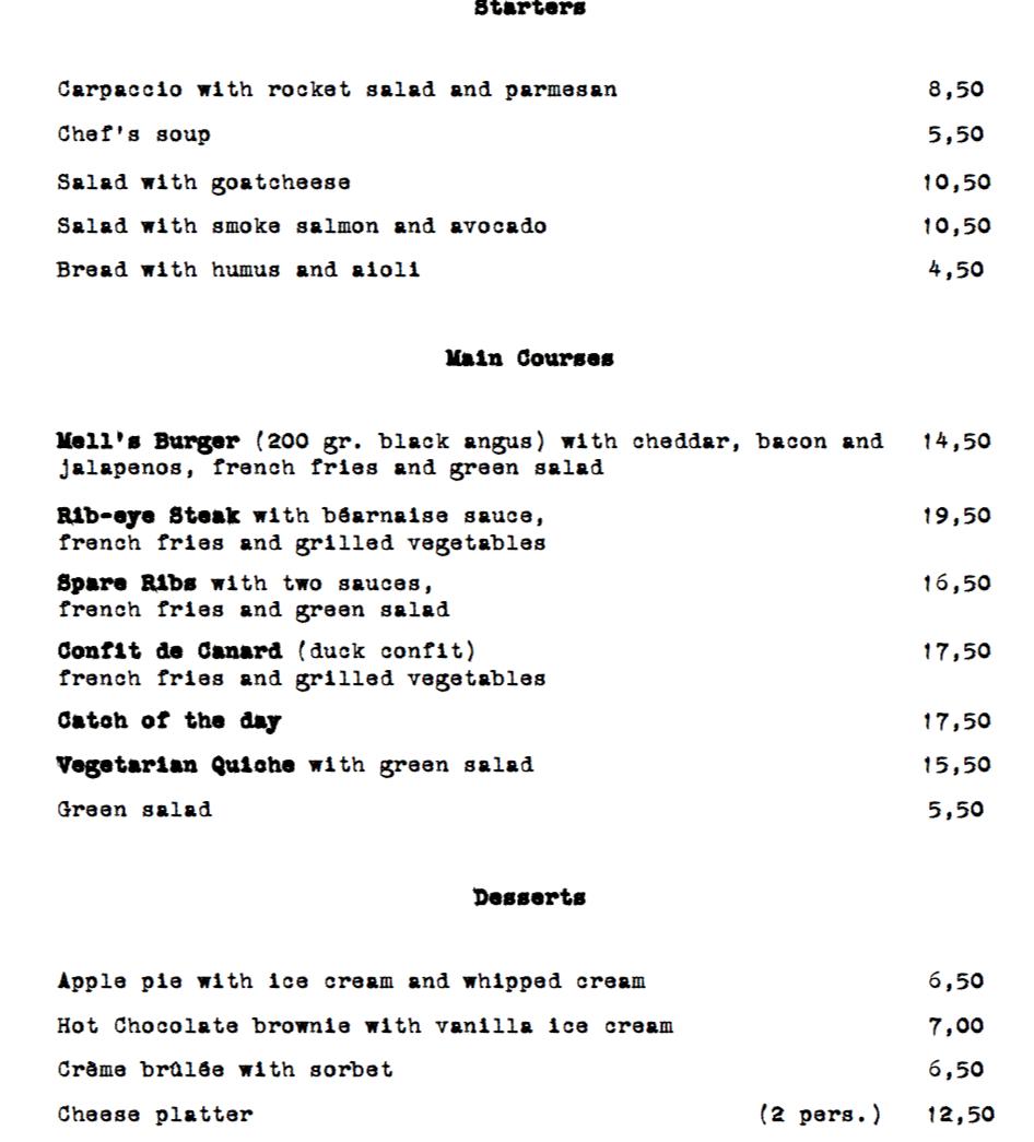Menu at Brasserie Blazer, Amsterdam, Lijnbaansgracht 190