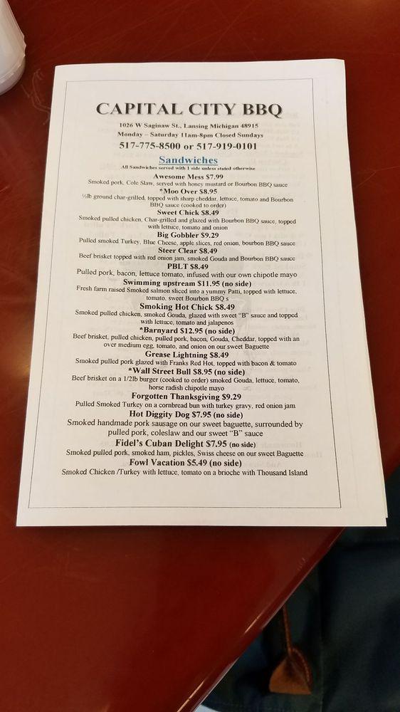 Menu at Capital City BBQ, Lansing