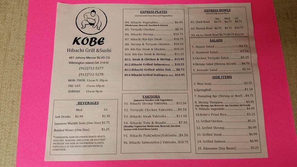 Menu at Kobe Sushi & Hibachi restaurant, Savannah