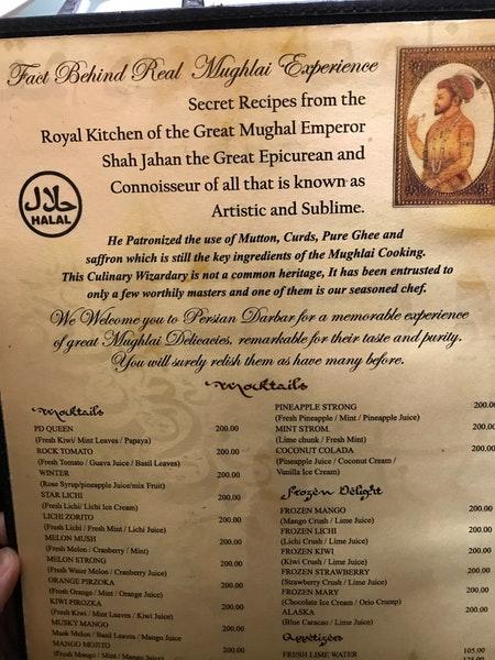 Menu at Persian Darbar, Mumbai, B Wing