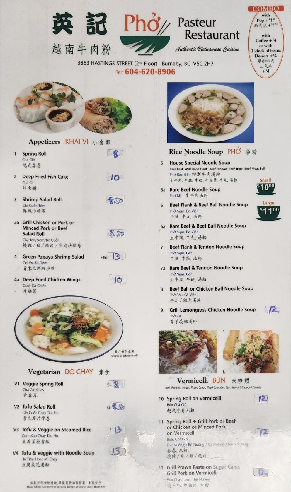 Menu at Phở Pasteur Restaurant, Burnaby