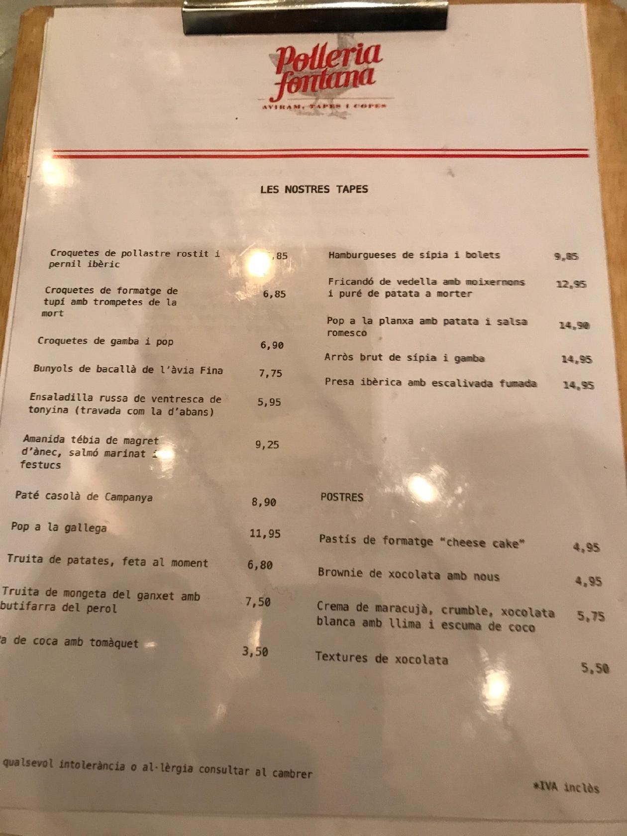 Menu at Polleria fontana pub & bar, Barcelona