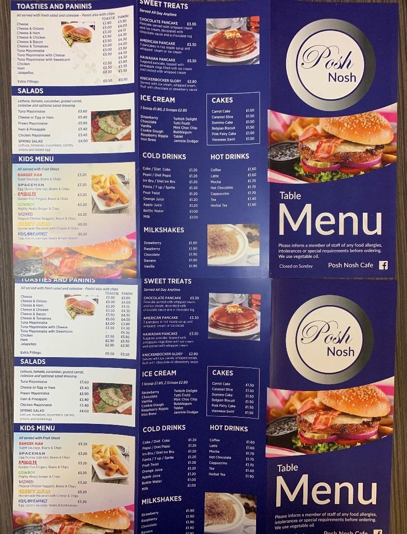 Menu at Posh-Nosh cafe, Dundee