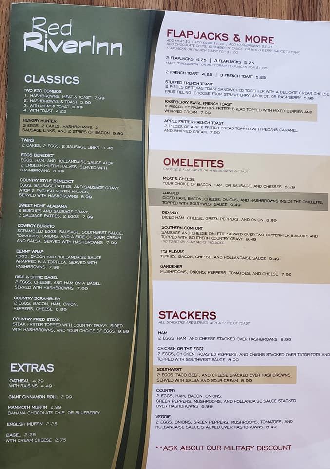 Menu at Red River Inn restaurant, Cold Spring