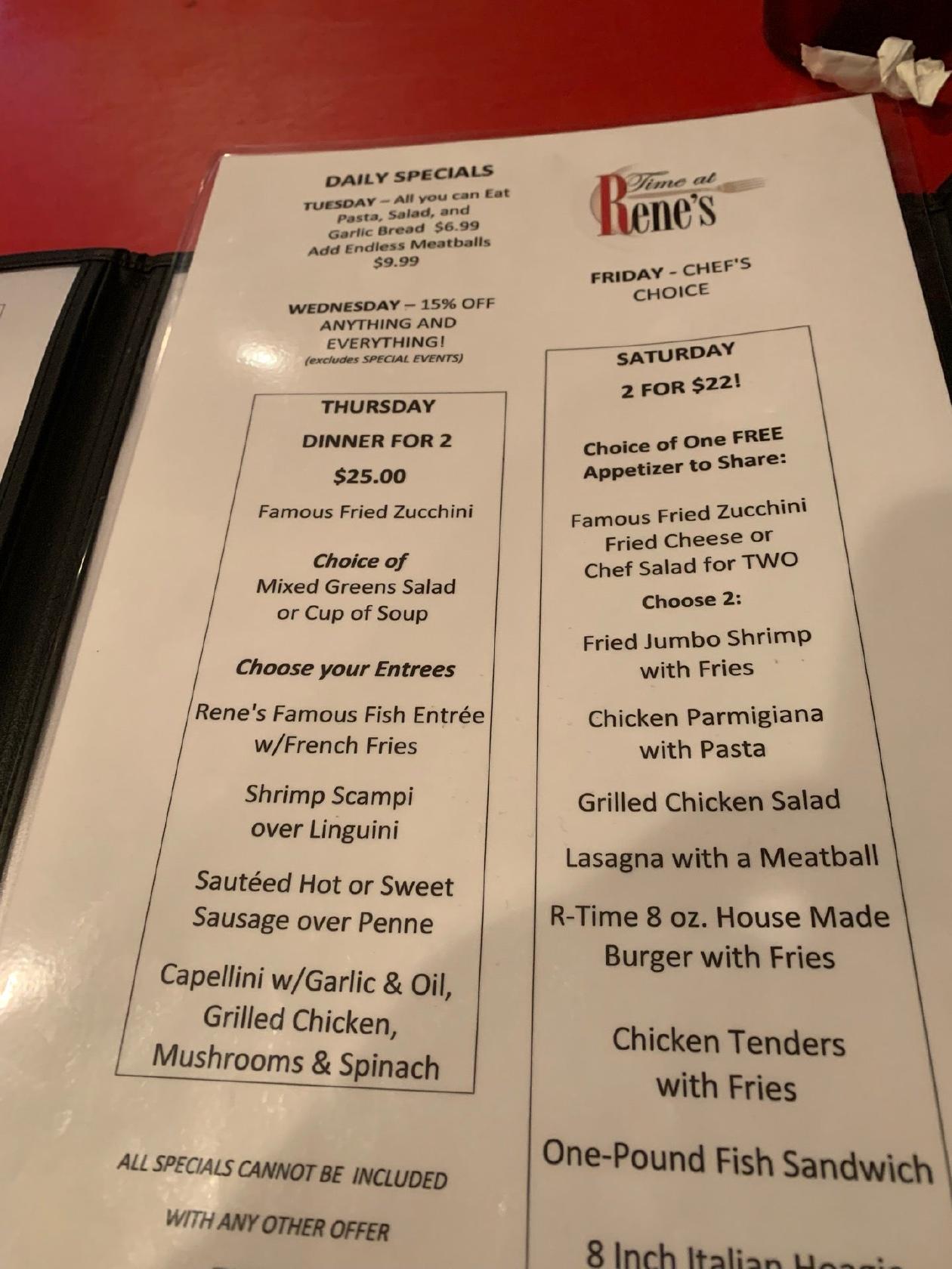 Menu at R-Time at Rene's restaurant, East McKeesport