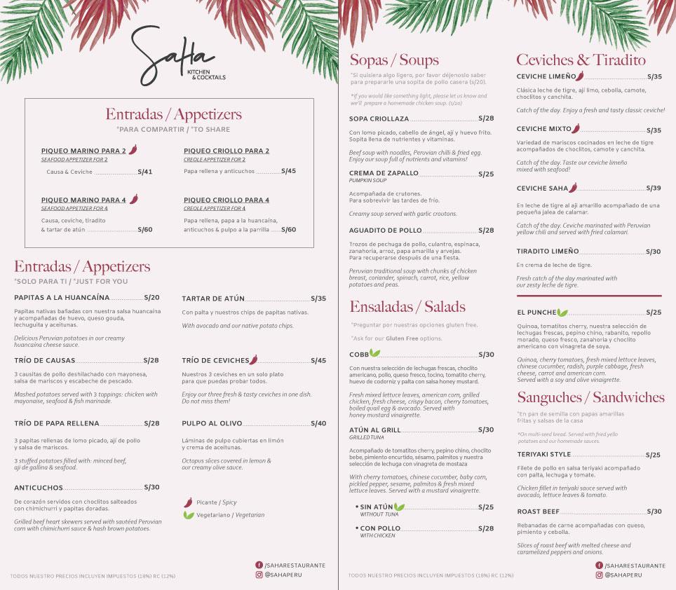 Menu at Saha Peruvian Kitchen restaurant, Miraflores