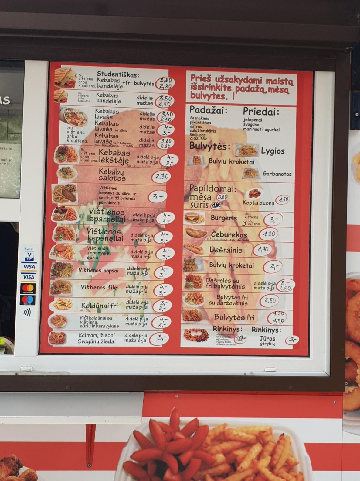 Menu at Skaniausi Kebabai restaurant, Lithuania