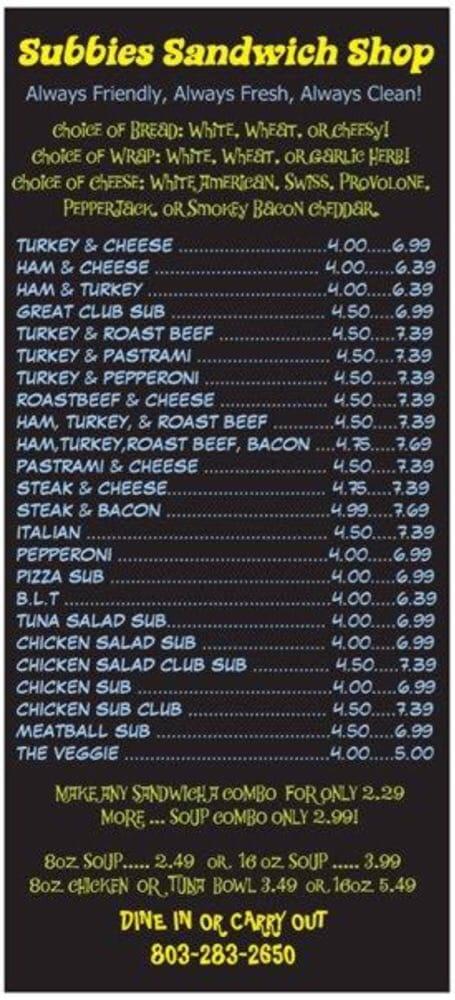 Menu at Subbie's fast food, Lancaster