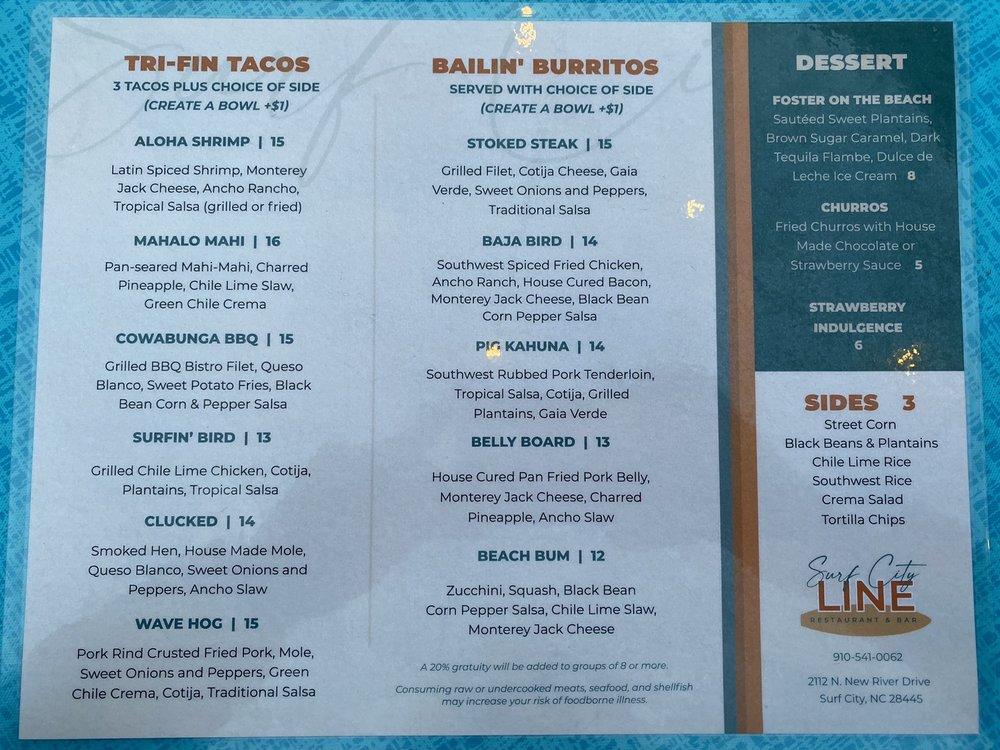Menu at Surf City Line restaurant, Surf City