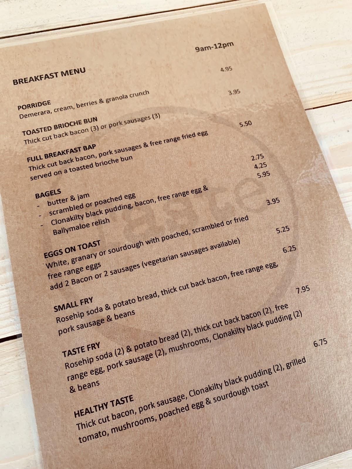 Menu at Taste cafe, Dromore