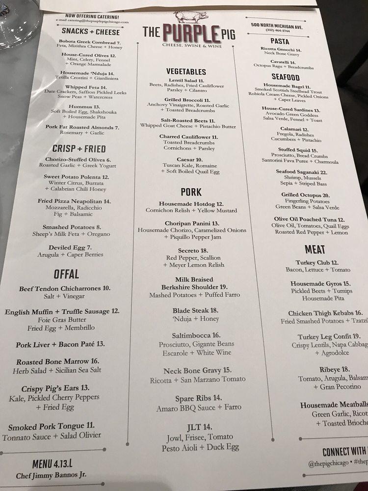 Menu at The Purple Pig Restaurant, Chicago, 444 Michigan Ave