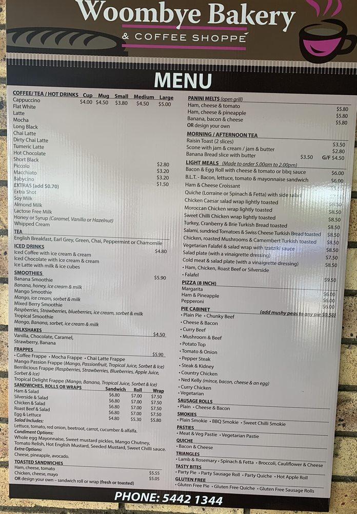 Menu at Woombye Bakery, Woombye