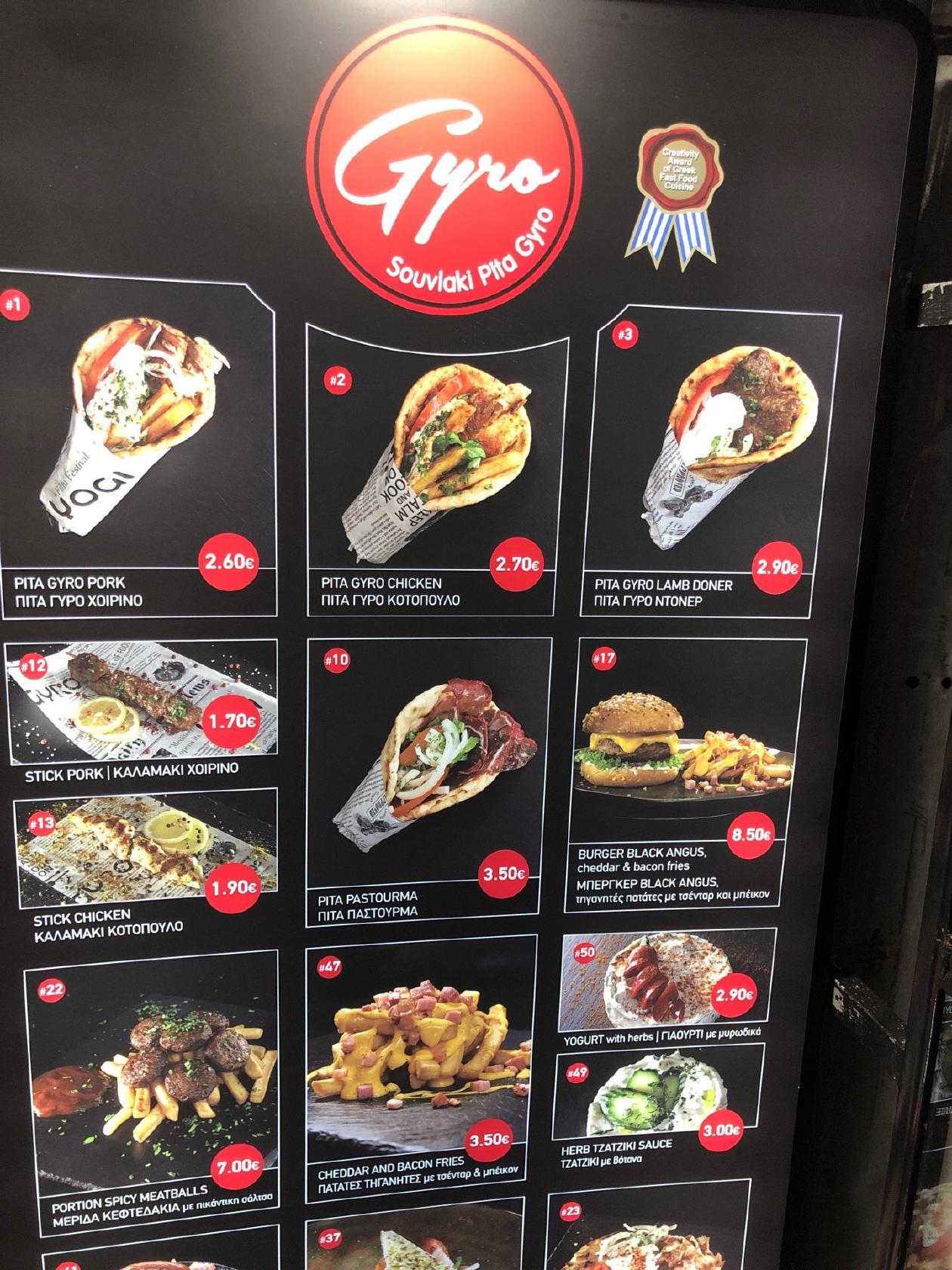 Menu at Yogi - Gyro, Thera