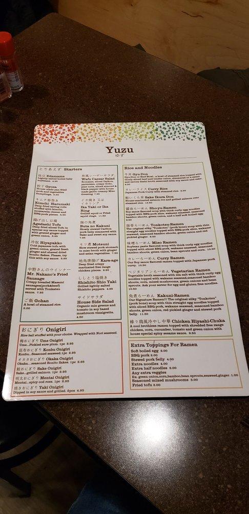 Menu at Yuzu restaurant, Beaverton