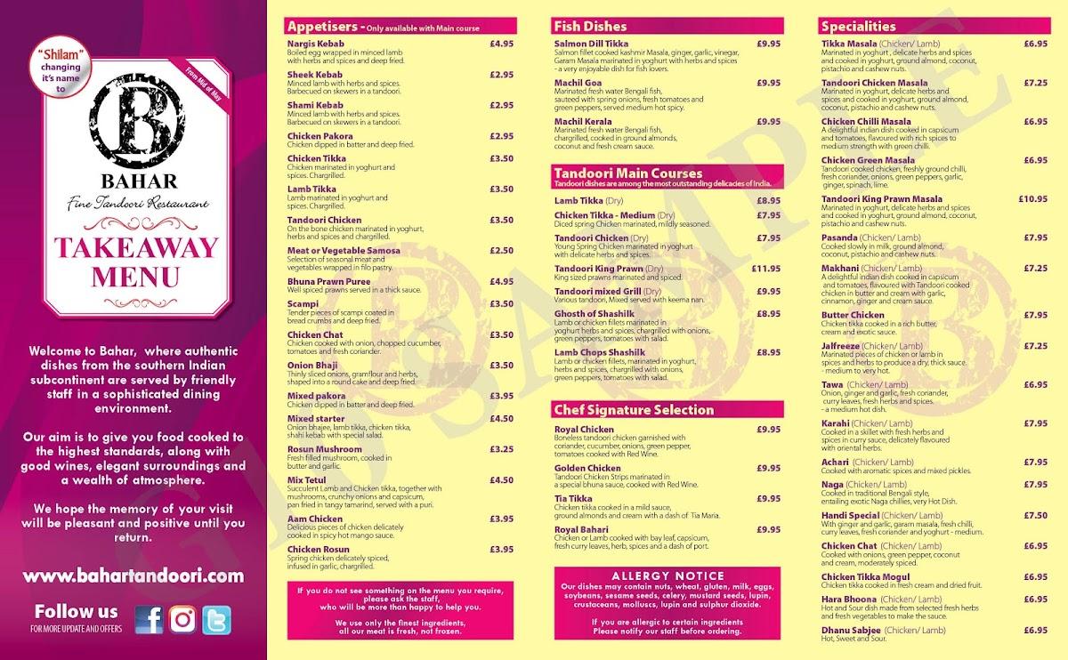 Menu at Bahar restaurant, Newtown