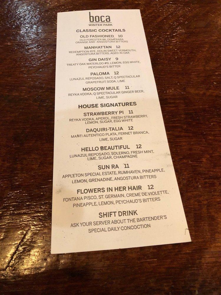 Menu at Boca pub & bar, Winter Park