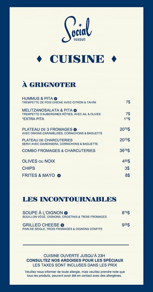 Menu au Bar Social Verdun, Montréal