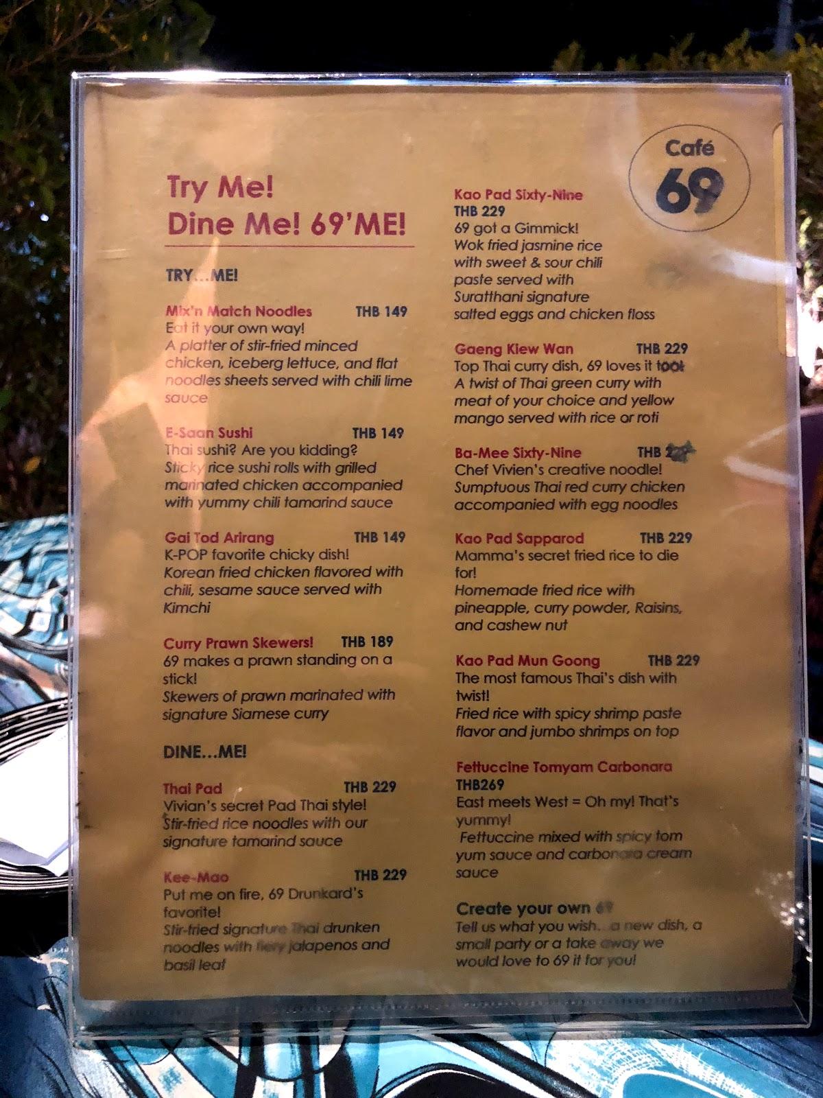 Menu at Cafe 69, Ko Samui