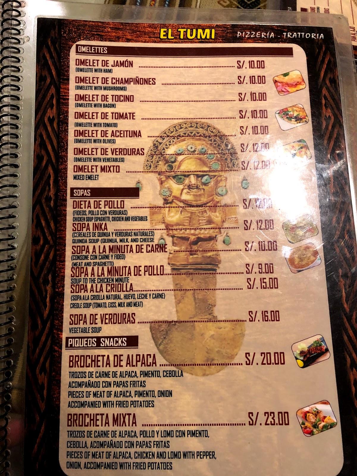 Carta del restaurante El Tumi, Puno