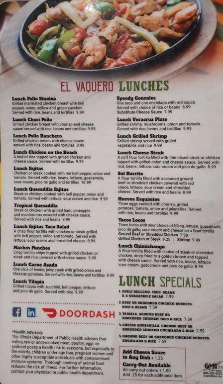 Menu at El Vaquero restaurant, Mattoon