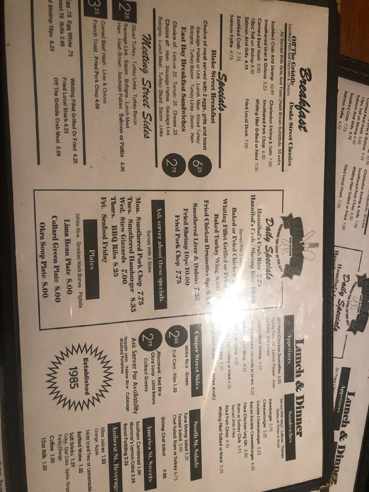 Menu at Hannibal's Kitchen BBQ, Charleston