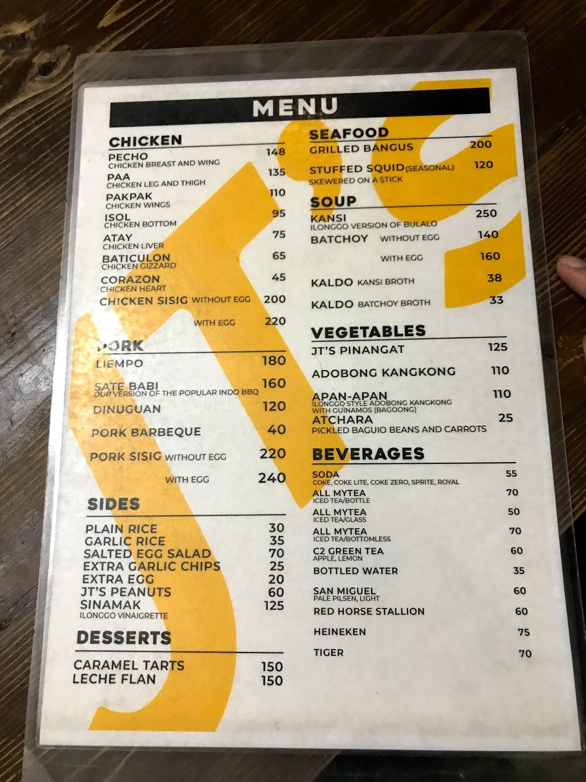 Menu at JT's Manukan Grille restaurant, Quezon City, 4 Granada