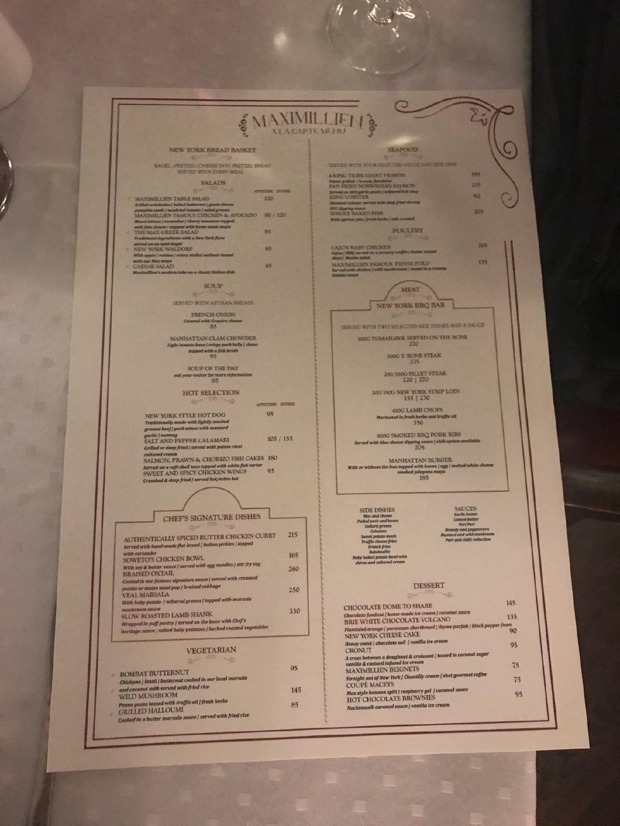Menu at Maximillien restaurant, Sandton