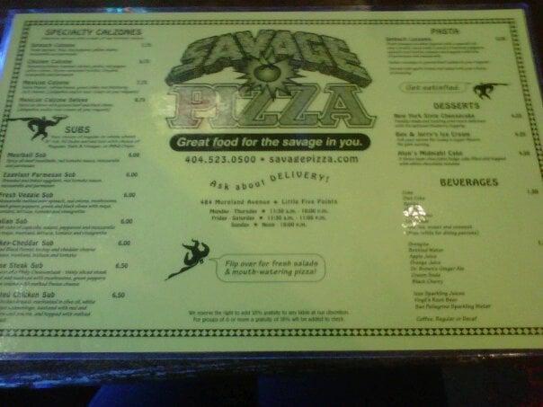 Menu at Savage Pizza pizzeria, Atlanta, 484 Moreland Ave NE