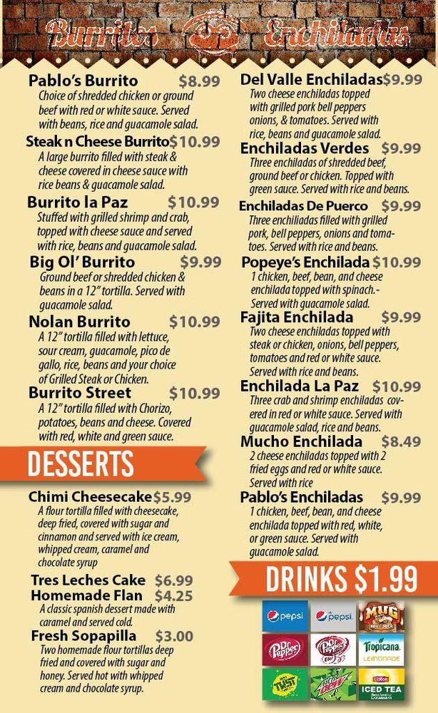 Menu at Señor Pablo restaurant, Sapulpa