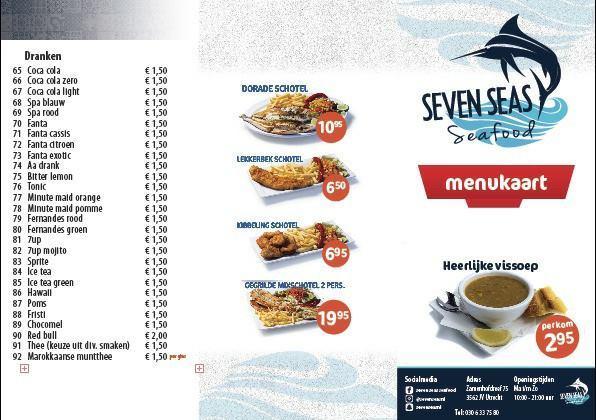 Menu at Seven Seas, Utrecht