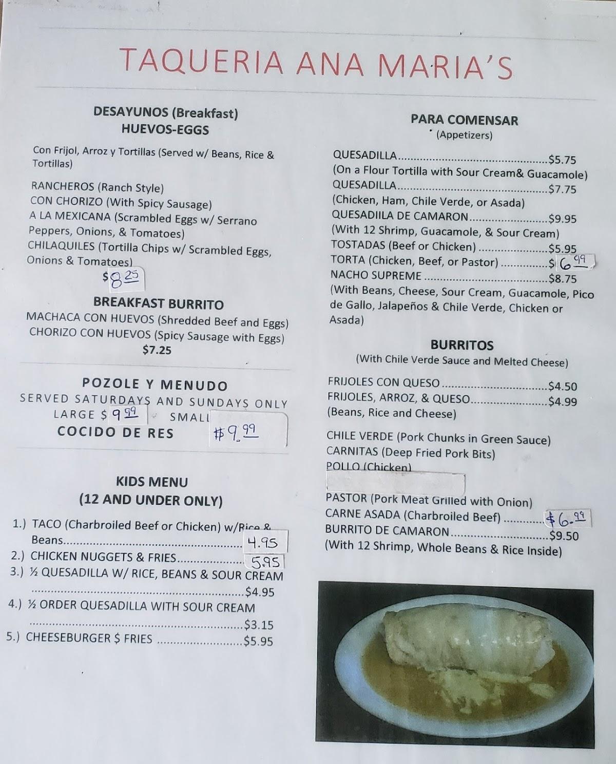 Menu at Taqueria Anna Maria's restaurant, Farmersville, 551 Farmersville Rd